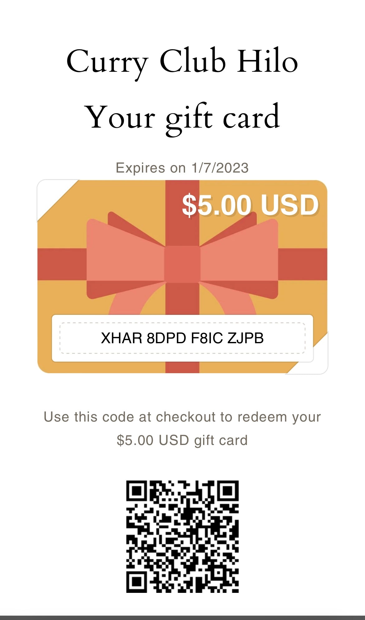 Curry Club Hilo Gift Card